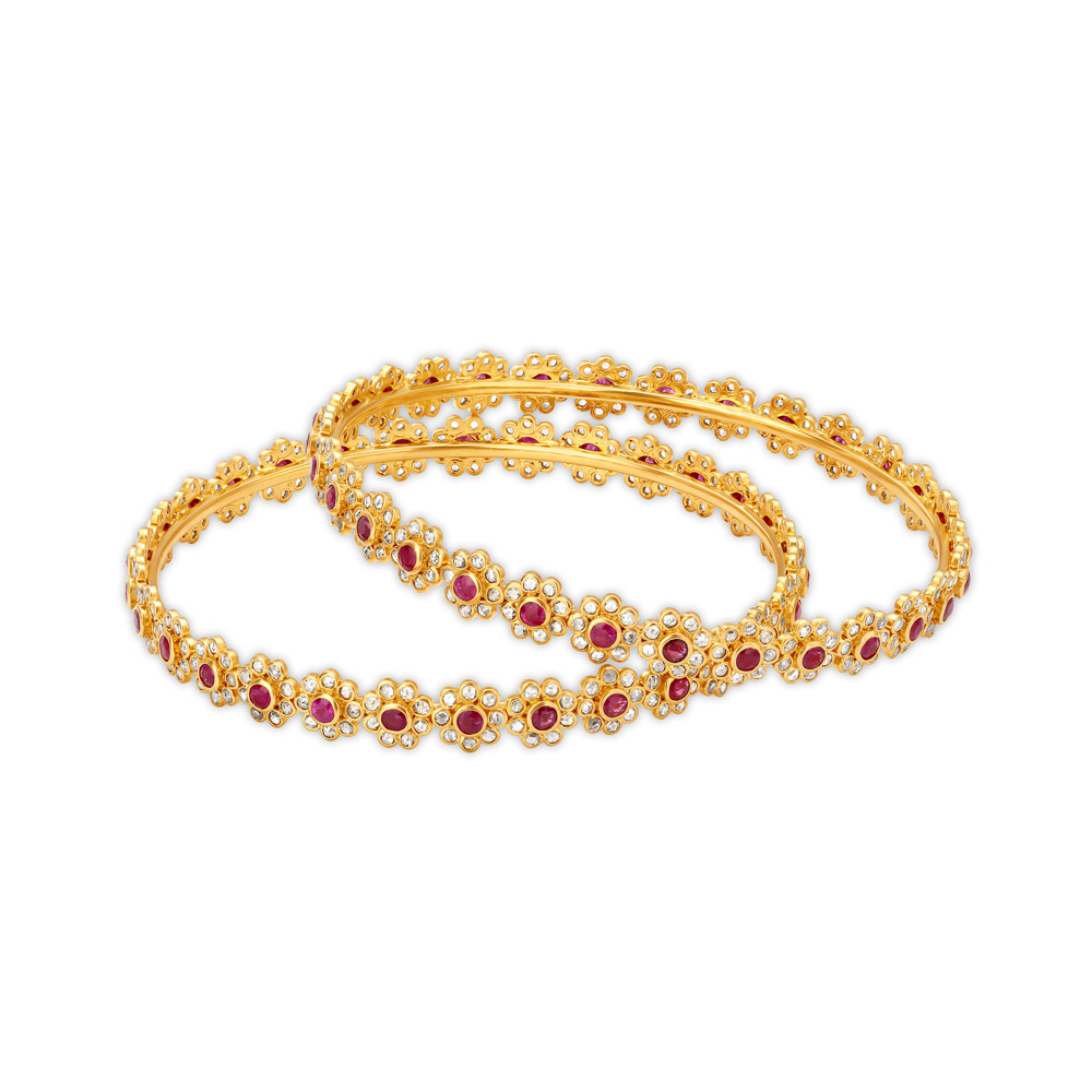 Buy Floral Ruby Studded Gold Bangle at Best Price | Tanishq UAE