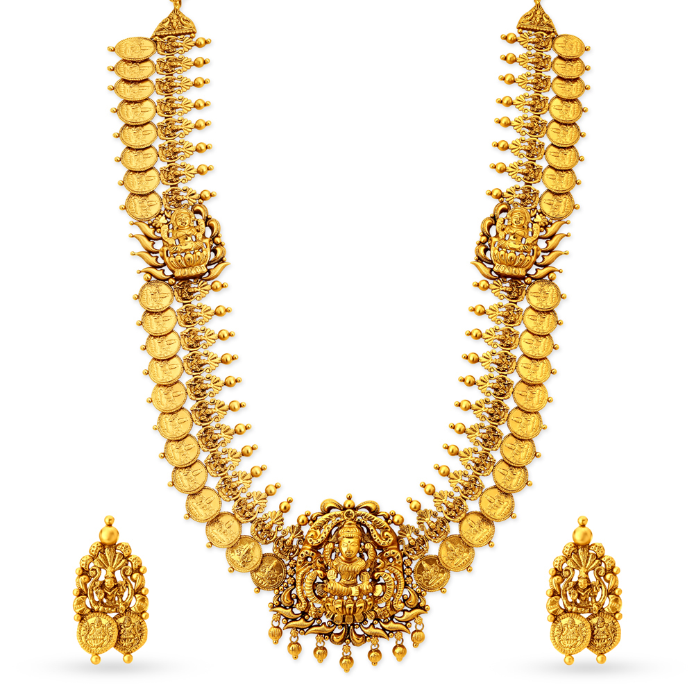 Buy Divine Yellow Gold Carved Deity Necklace and Earrings Set at Best ...