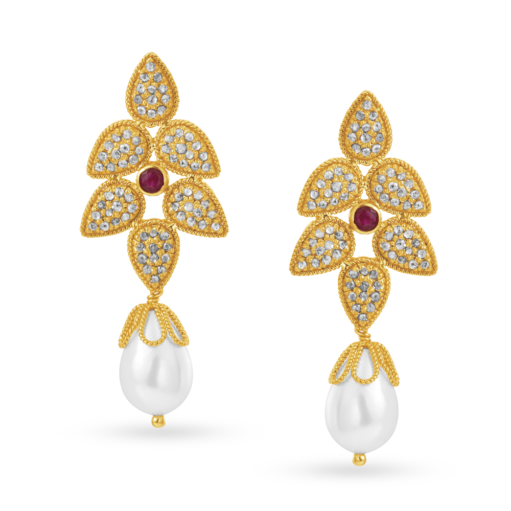 Buy Leaf Motif Pearl And Ruby Gold Drop Earrings at Best Price ...