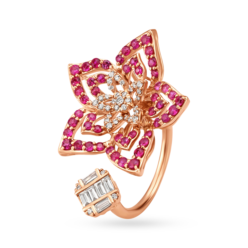 Buy Striking 18 Karat Rose Gold And Diamond Studded Flower Finger Ring ...