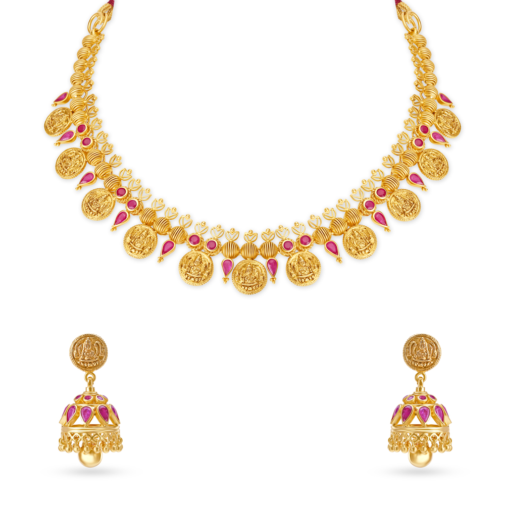 Buy Enchanting Deity Gold Kasu Necklace Set with Rubies at Best Price ...