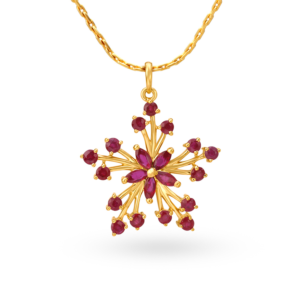 Buy Fascinating 18 Karat Yellow Gold Ruby Studded Floral Motif Pendant at Best Price | Tanishq UAE