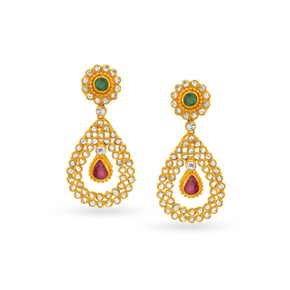 Buy Teardrop Motif Emerald And Ruby Gold Drop Earrings at Best Price | Tanishq UAE