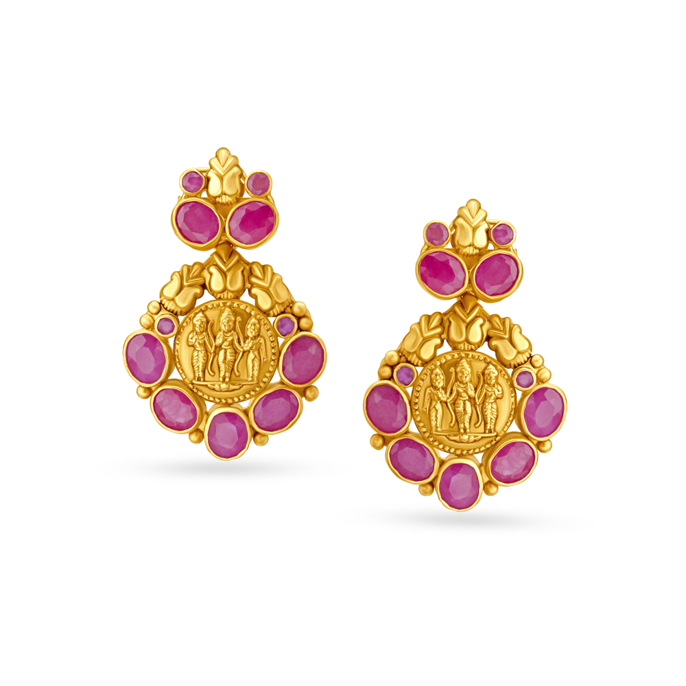 Buy Ruby Ram Parivar Motif Gold Drop Earrings at Best Price | Tanishq UAE
